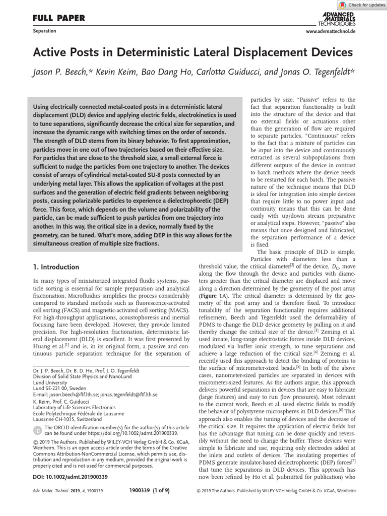 Adv Materials Technologies - 2019 - Beech - Active Posts in Deterministic Lateral Displacem ...
