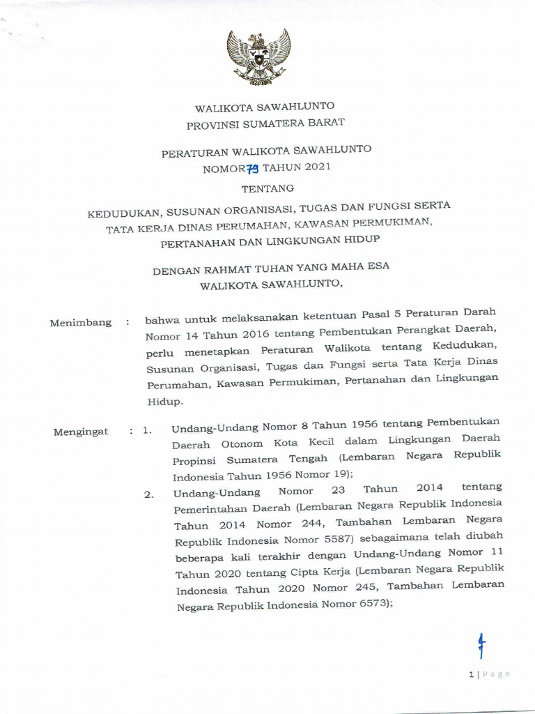 Perwako No 79 Tahun 2021 Tugas Dan Fungsi Dinas Permukiman, Pertanahan Dan Lingkungan Hidup | PDF