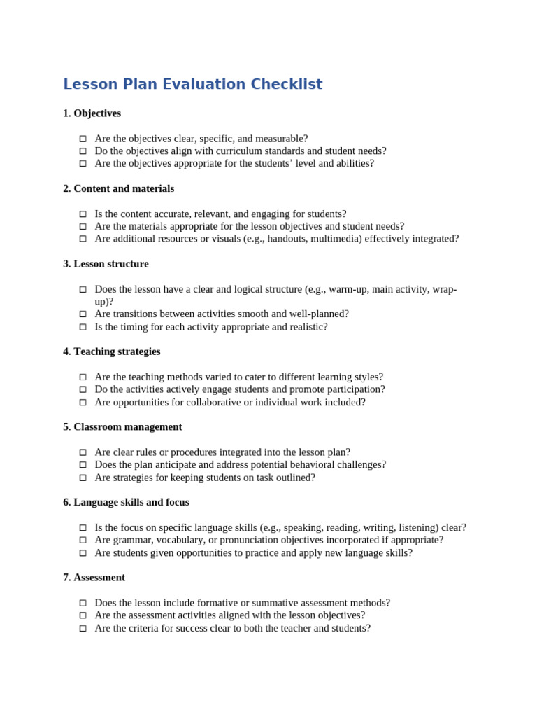 Lesson Plan Evaluation Checklist | PDF | Educational Assessment ...