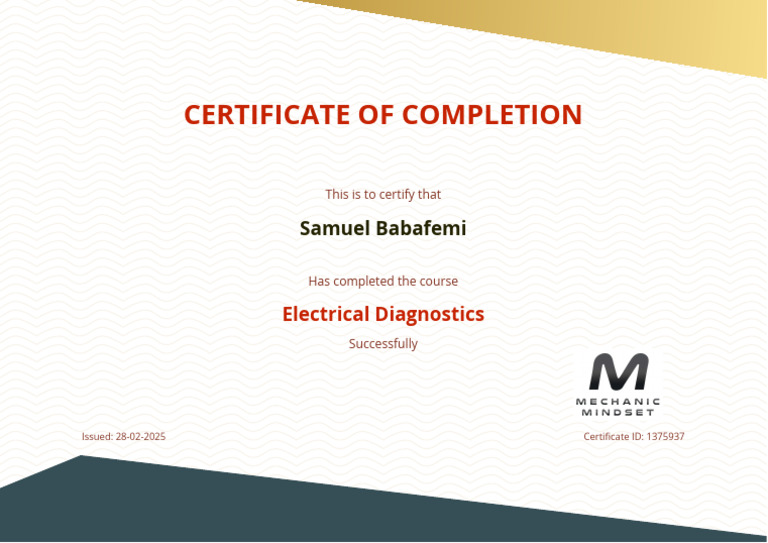 Electrical Diag Completion Course Certificate | PDF
