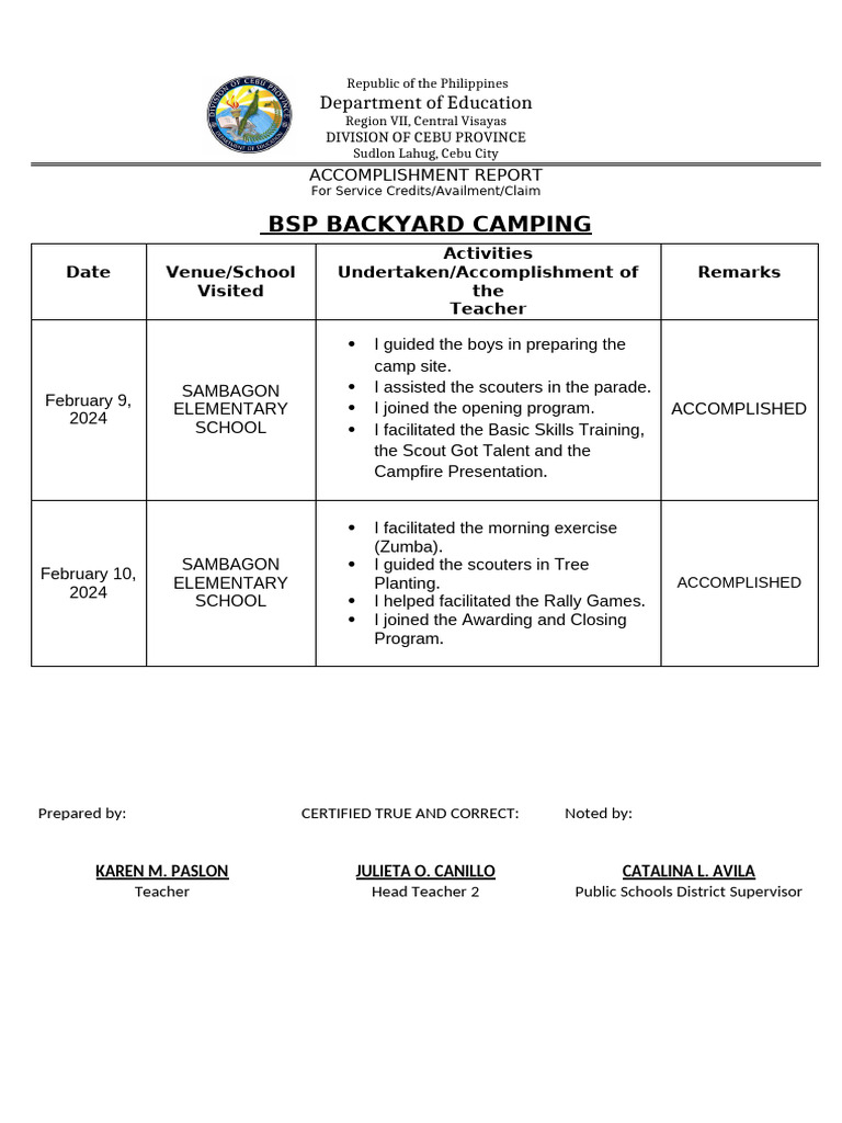 BSP Camp Lahug Accomplishment Report | PDF