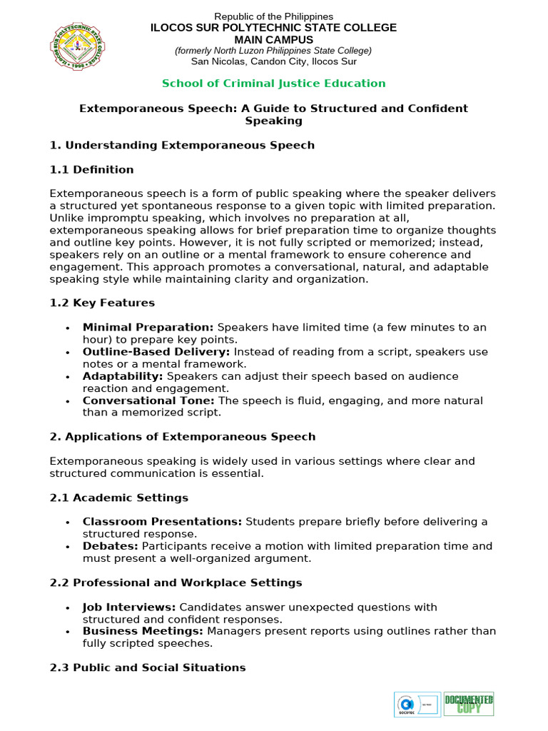 Extemporaneous Speech Essentials Guide | PDF | Public Speaking | Learning
