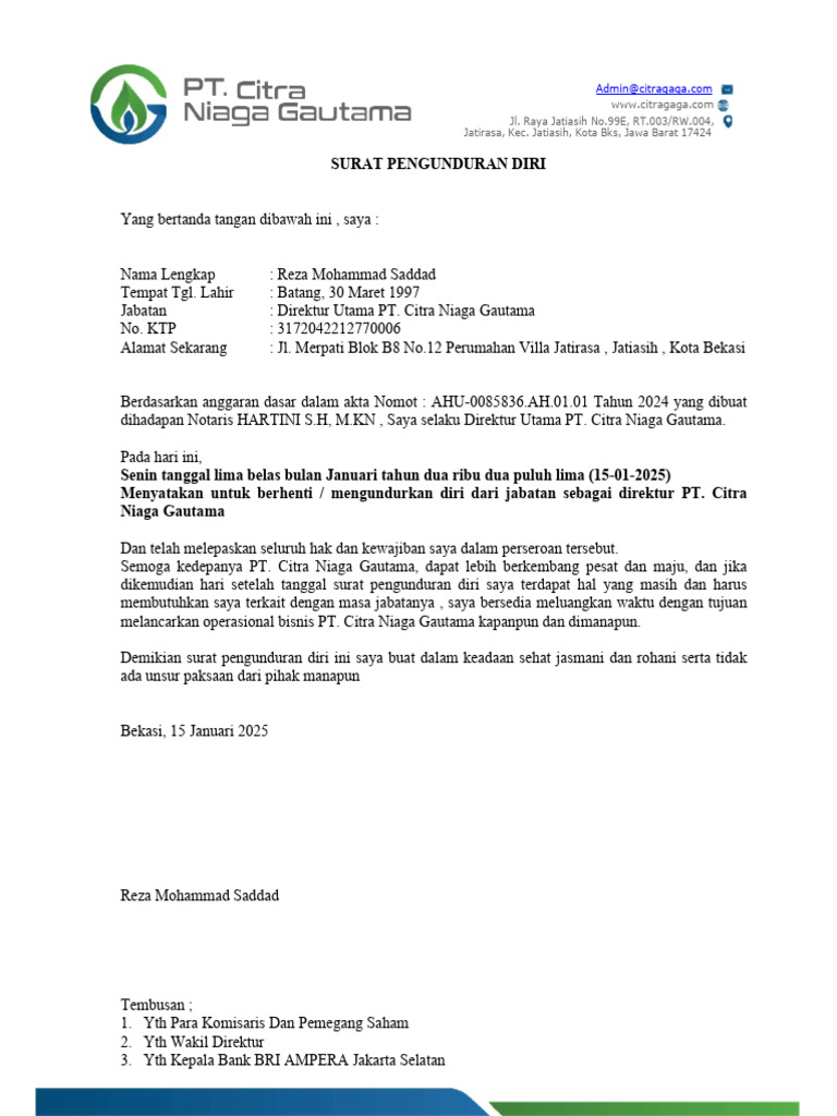 Surat Pengunduran Diri Direktur Utama | PDF