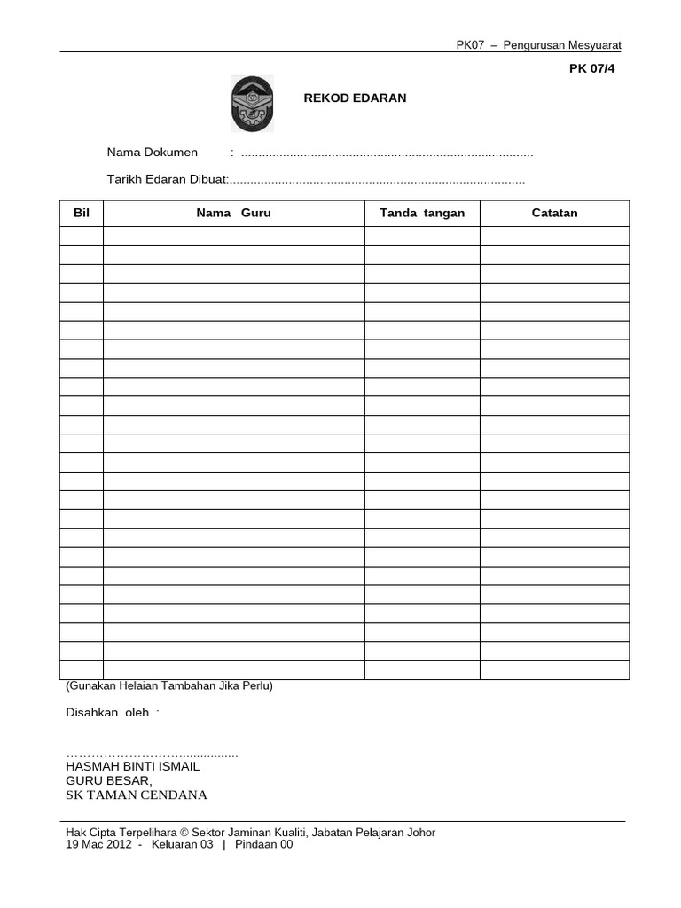 Borang PK 07 4 REKOD EDARAN | PDF