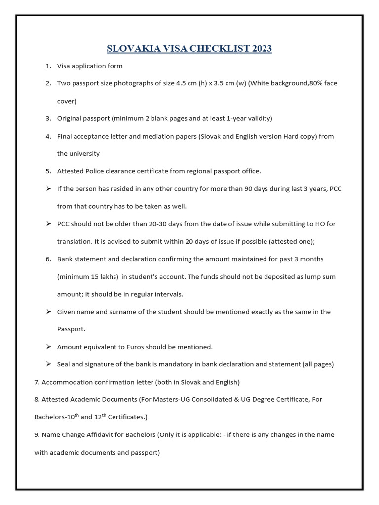 Slovakia Visa Application Checklist 2023 | PDF
