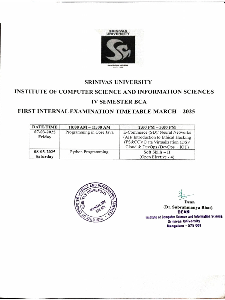 BCA IV Sem Internal Exam Time Table March 2025 | PDF