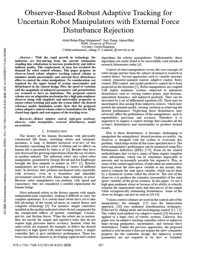 1 Observer Based Robust Adaptive Tracking For Uncertain Robot Manipulators With External Force