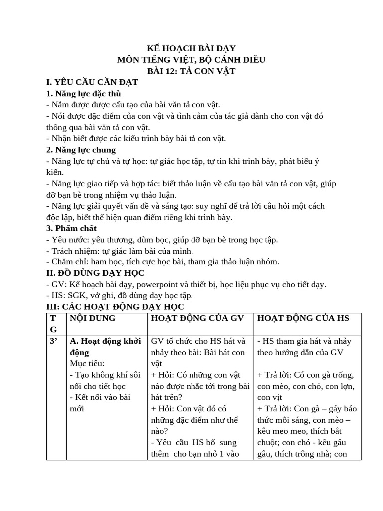 KHDH Viết tả con vật TV 4 sách cánh diều | PDF