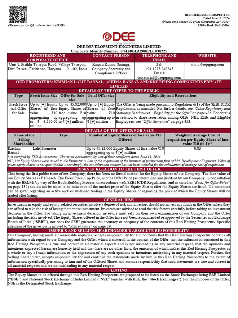 Red Herring Prospectus of DEE Development Engineers Limited | PDF | Investing | Equity (Finance)