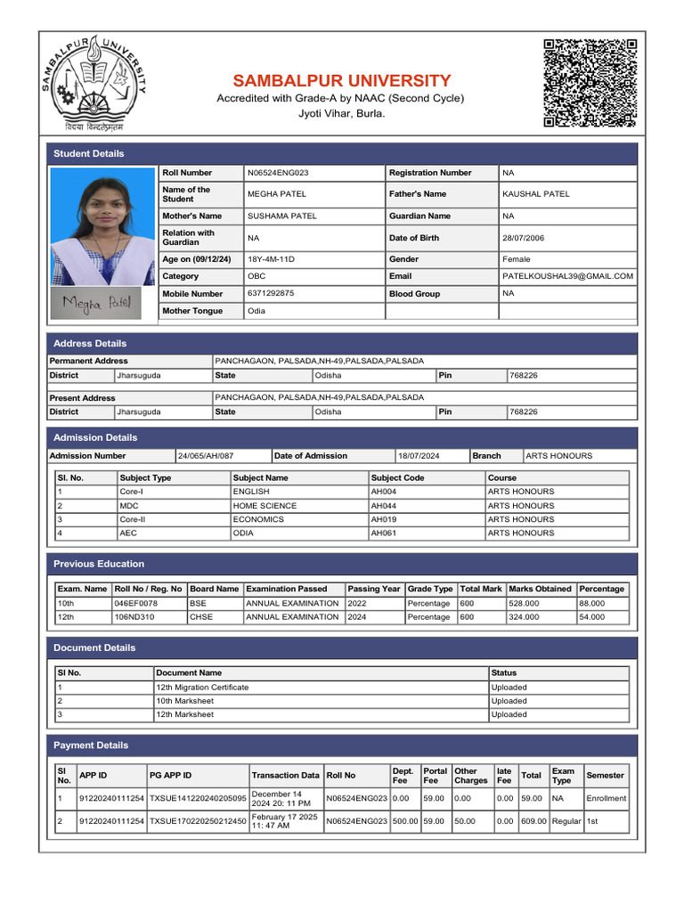 Sambalpur University Student Profile | PDF