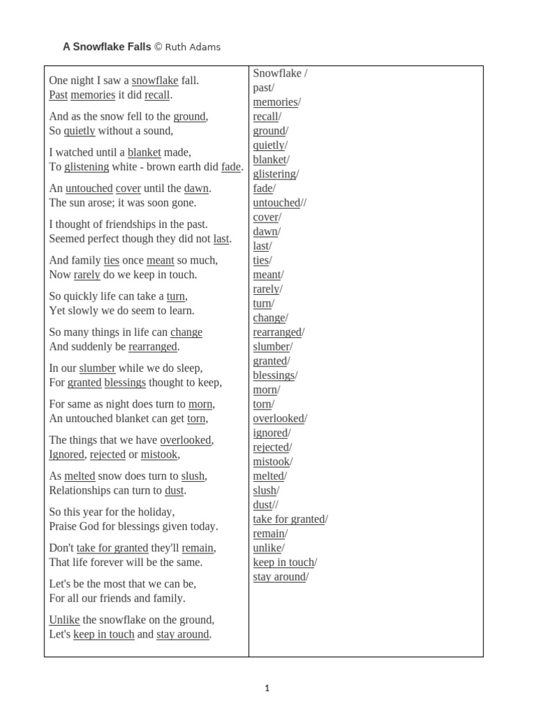 Snowflake Poem Worksheet Answer Key | PDF