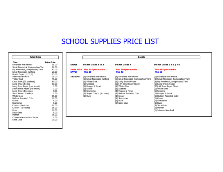 School Supplies Price List | PDF | Pencil | Writing Implements