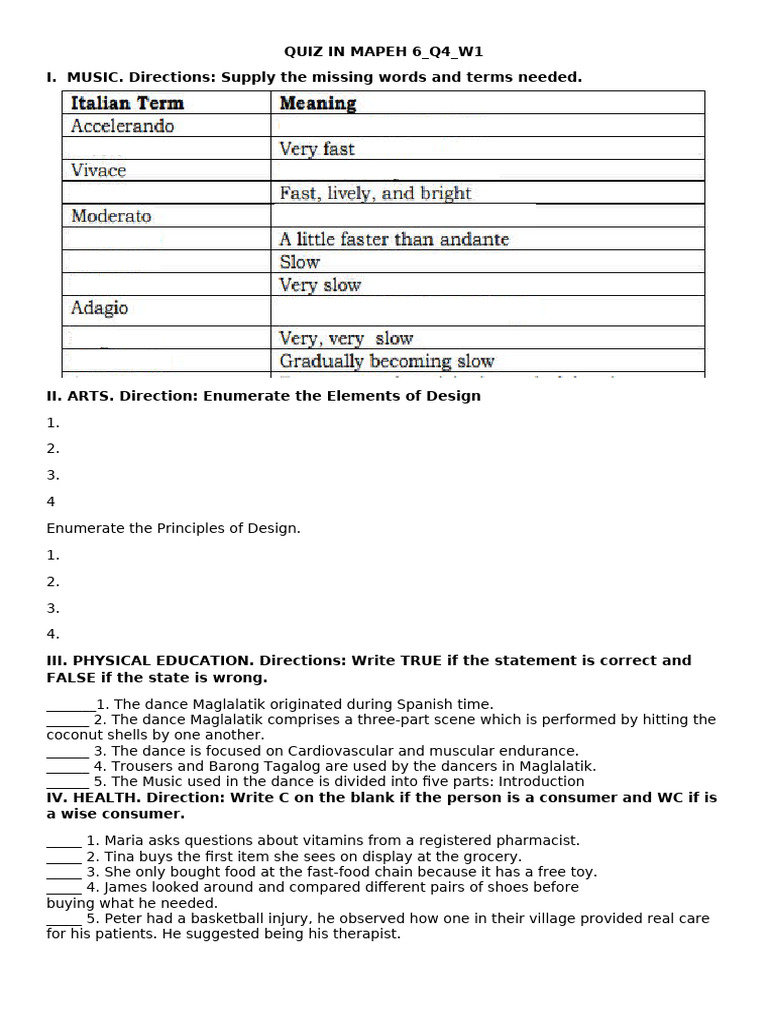 QUIZ IN MAPEH 6_Q4_W1 | PDF
