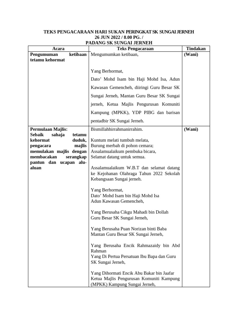 Teks Pengacaraan Hari Sukan SK Sungai Jerneh | PDF
