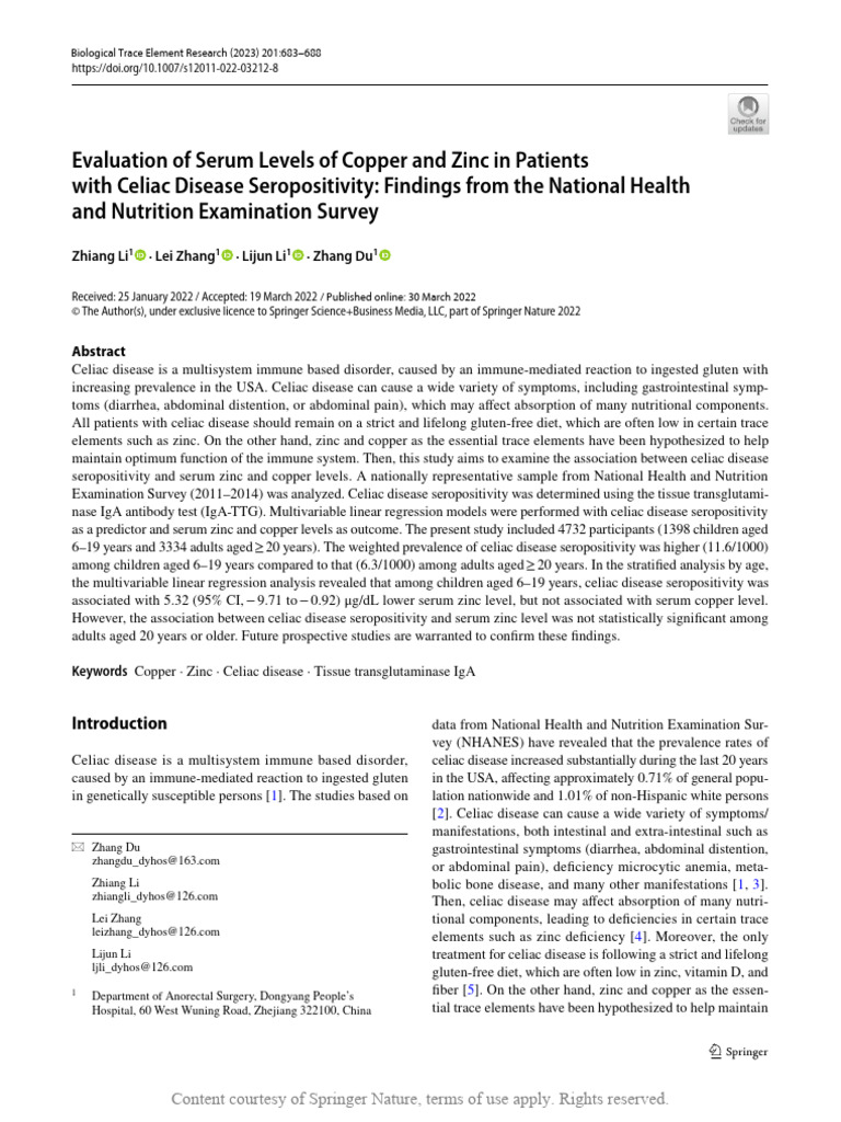 Zinc Deficiency in Celiac Disease Patients | PDF | Coeliac Disease ...