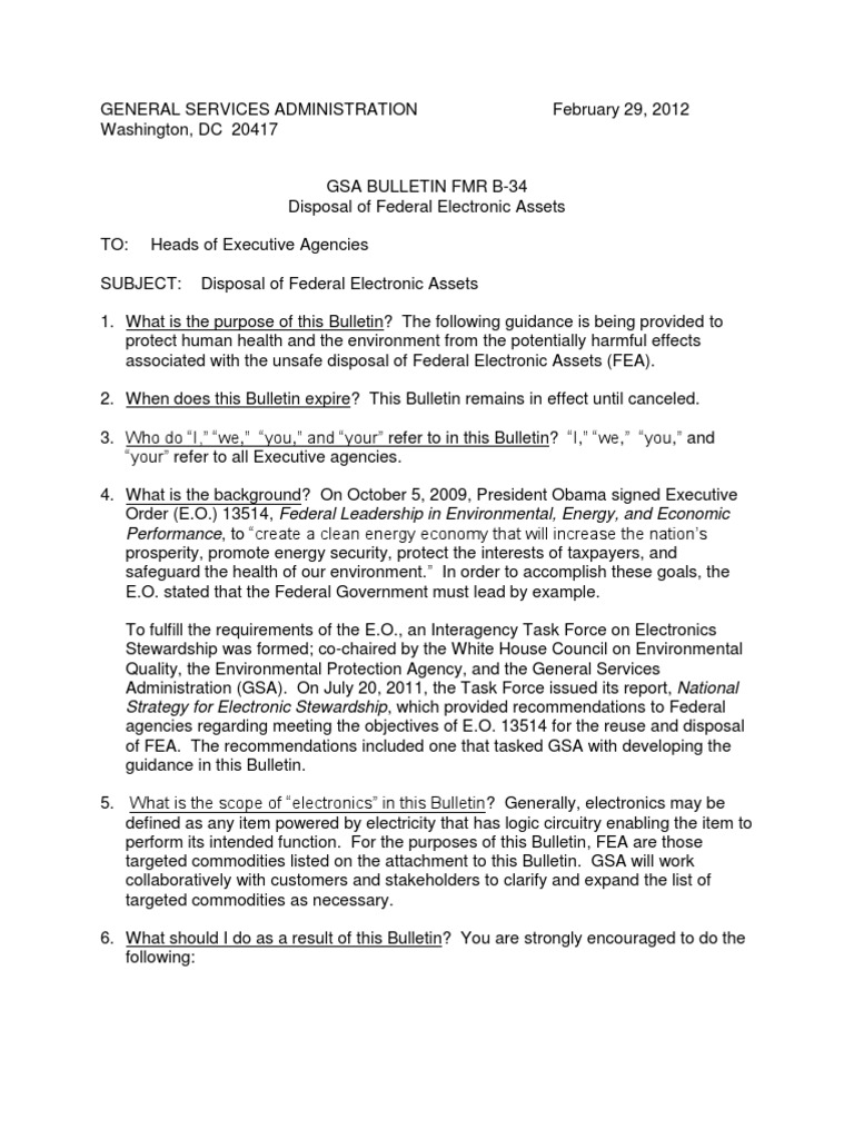 GSA BULLETIN FMR B-34 Disposal of Federal Electronic Assets | PDF ...