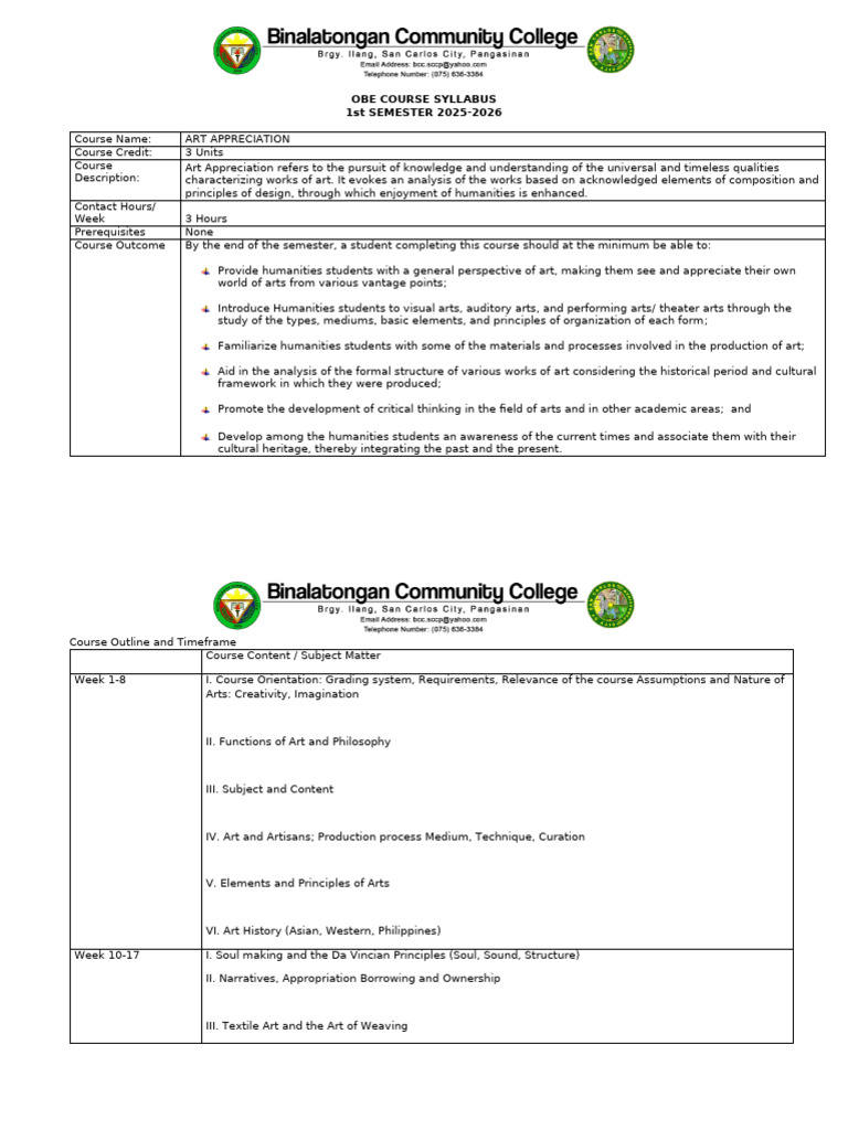 Art Appreciation Course Syllabus 2025-2026 | PDF | The Arts | Humanities