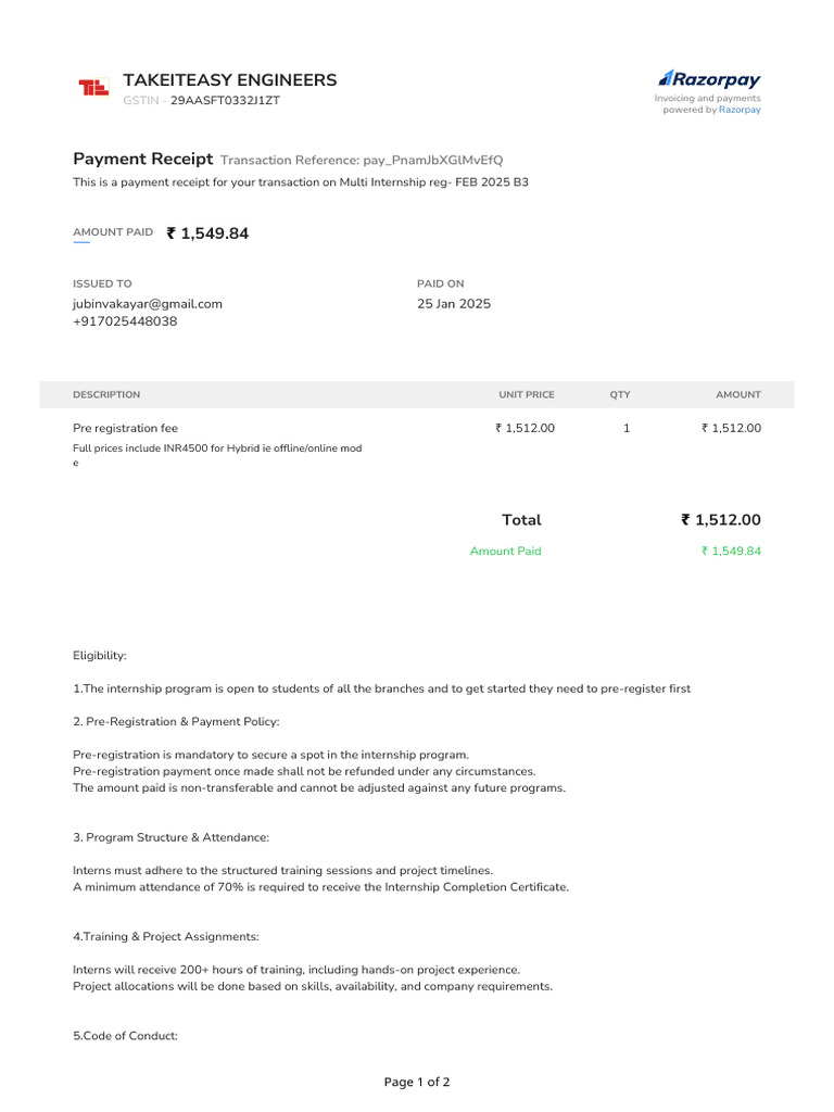 Receipt Pay - PnamJbXGlMvEfQ From TAKEITEASY ENGINEERS (Paid) | PDF | Receipt | Non Disclosure ...