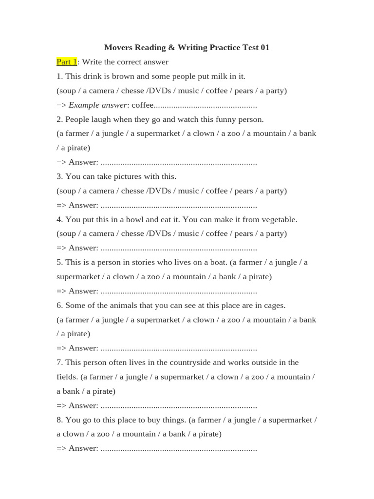 Movers Reading Part 1 and Part 2_01 | PDF