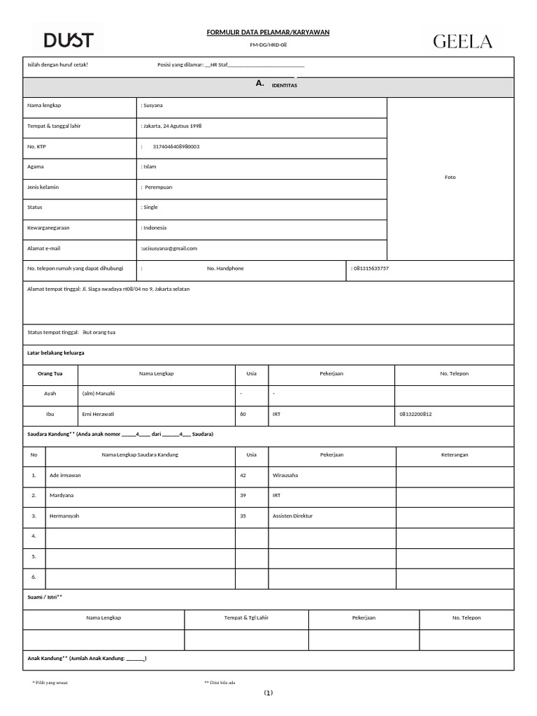 Form Data Pelamar | PDF