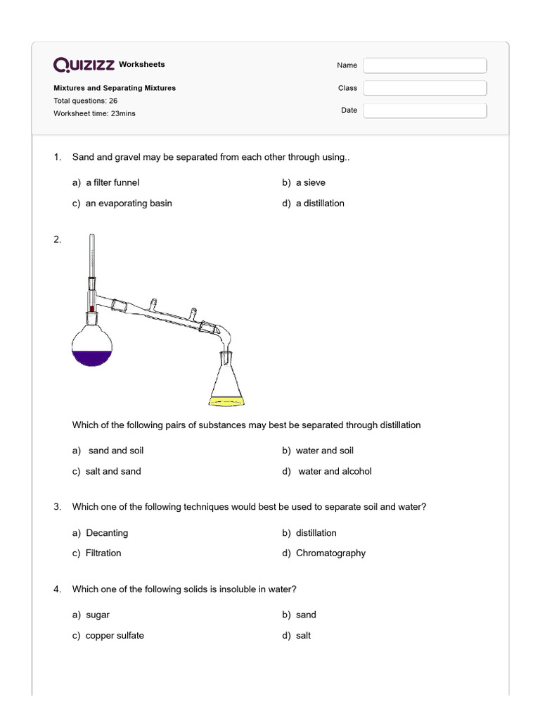 Mixtures and Separation Techniques Worksheet | PDF | Filtration ...