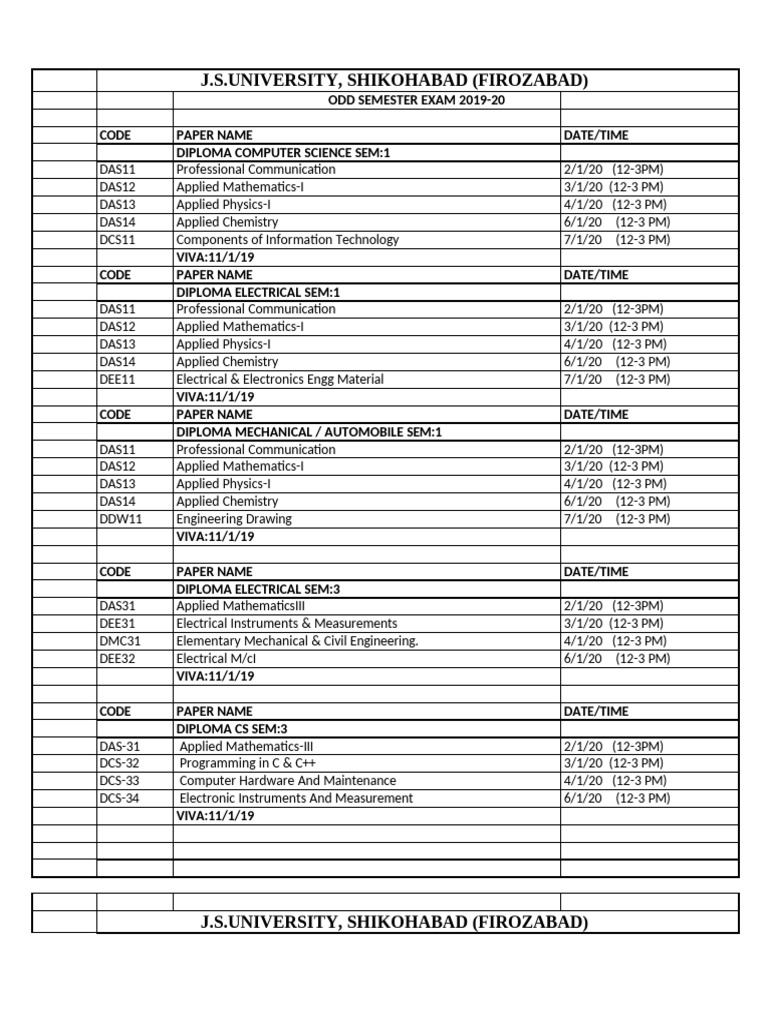 J.s.university Time Table Dec 19 Exams | PDF | Computer Programming ...