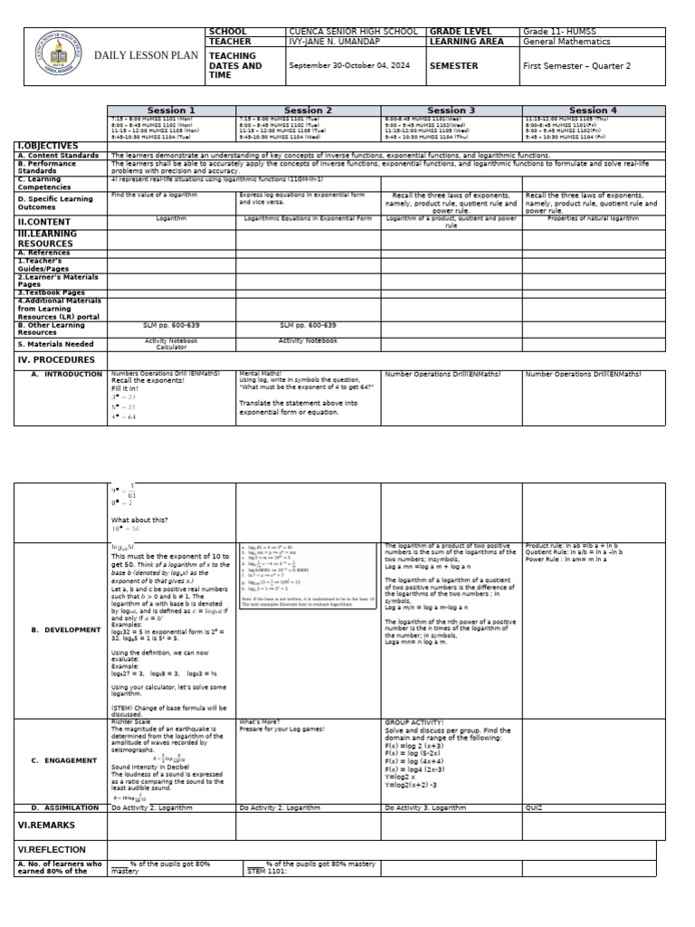 GM DLL Q2 Week 2 Log Intro | PDF | Logarithm | Exponentiation