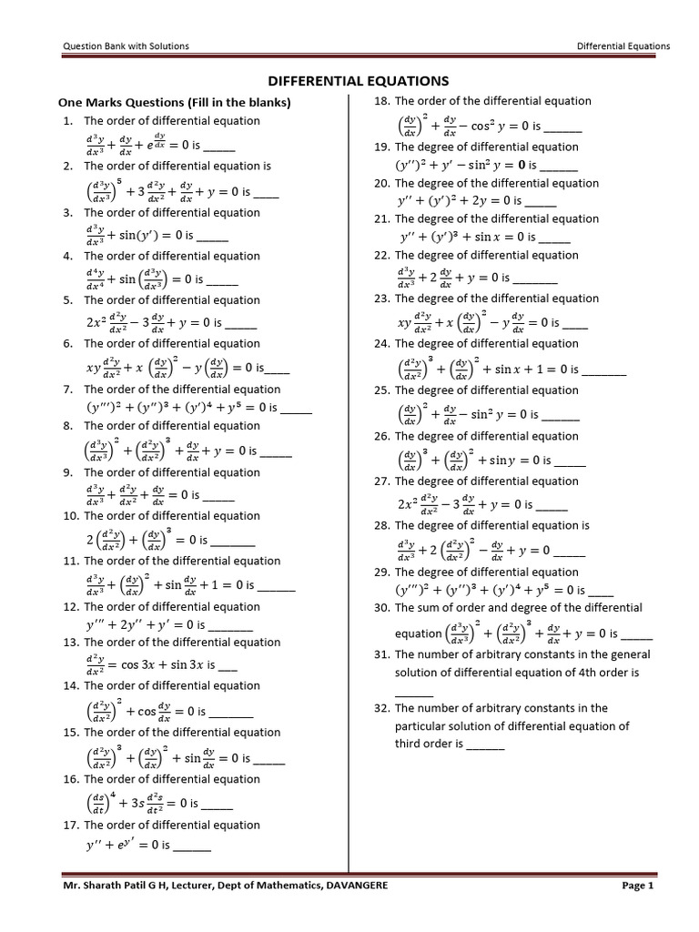 Question Bank With Solutions Differential Equations | PDF | Applied Mathematics | Subtraction