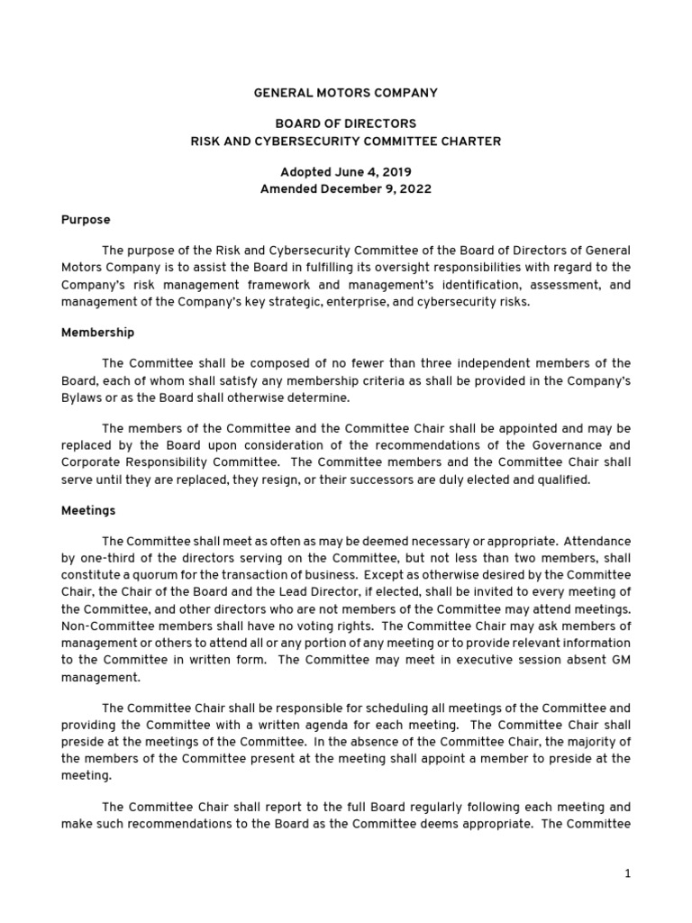 GM Risk and Cybersecurity Committee Charter | PDF | Risk Management ...