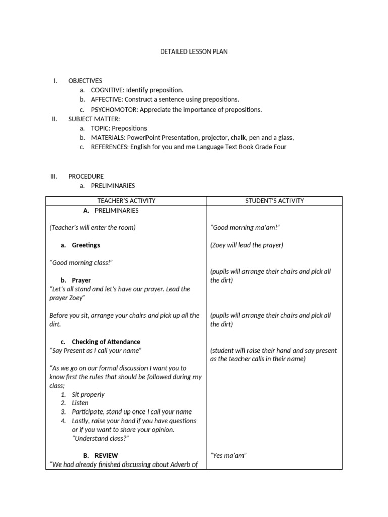 Grade 4 Preposition Lesson Plan | PDF | Adverb | Pronoun