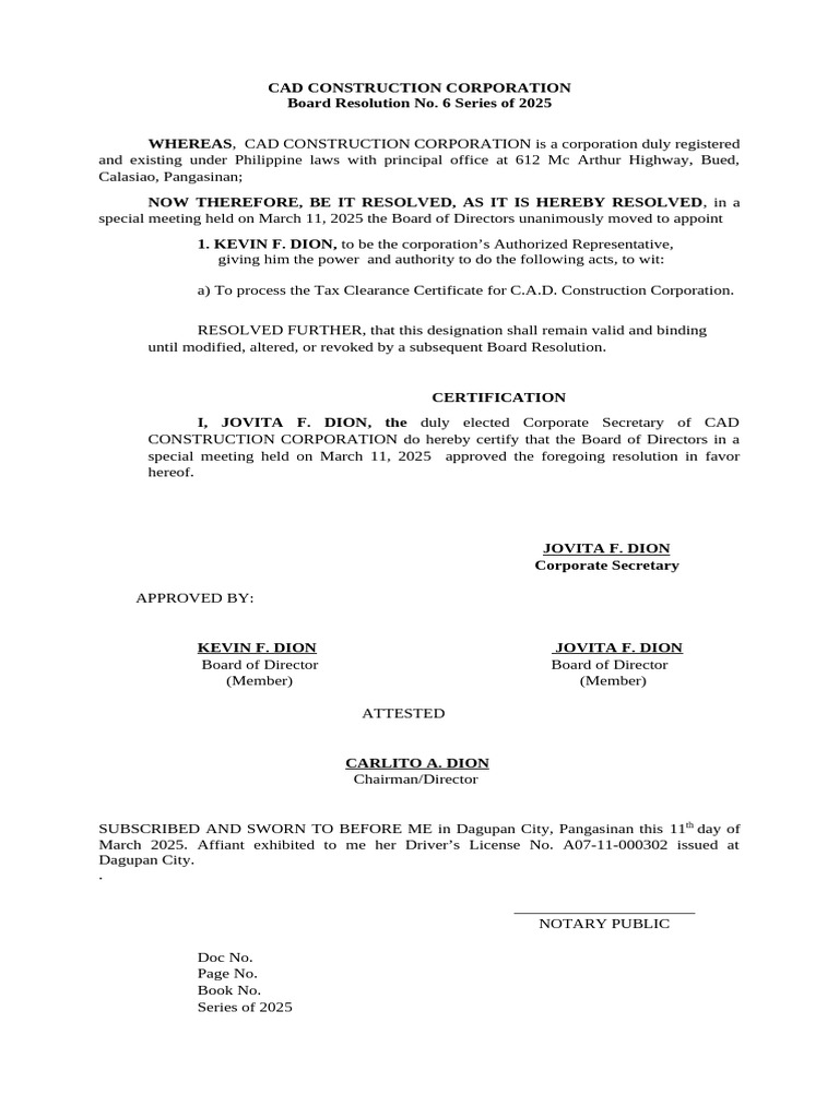 Board Resolution for Tax Clearance 2025 | PDF
