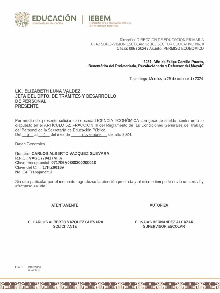 Solicitud Permiso Económico Nov 2024 | PDF