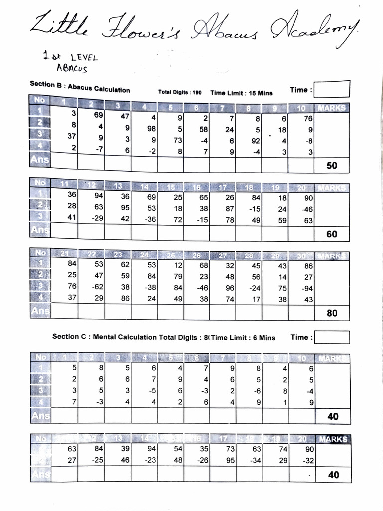 Abacus 1st Level Exam Sheet | PDF | Mathematics