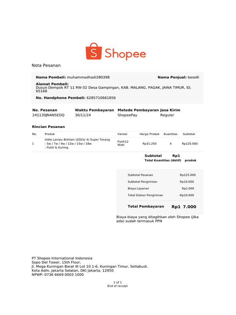 Nota Shopee | PDF
