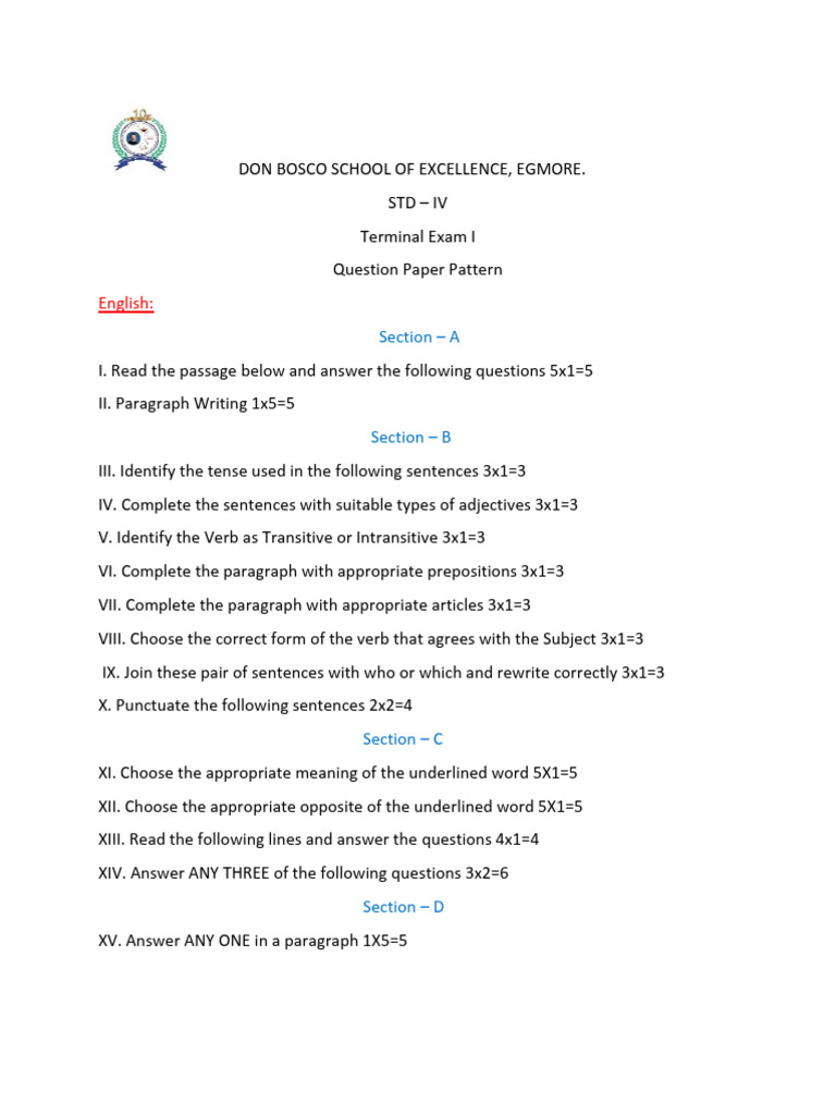 STD 4 Terminal Exam I QP Pattern | PDF | Verb | Linguistics