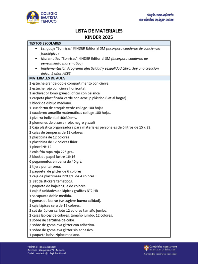 Lista de Materiales Kinder 2025 | PDF | Lápiz | Papelería