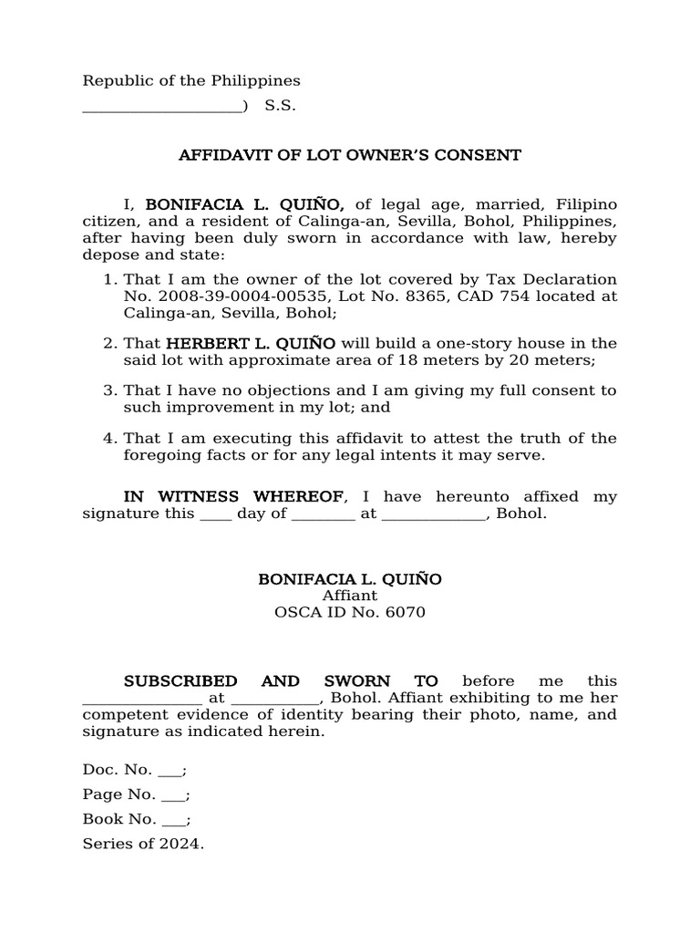 Affidavit of Lot Owner's Consent | PDF