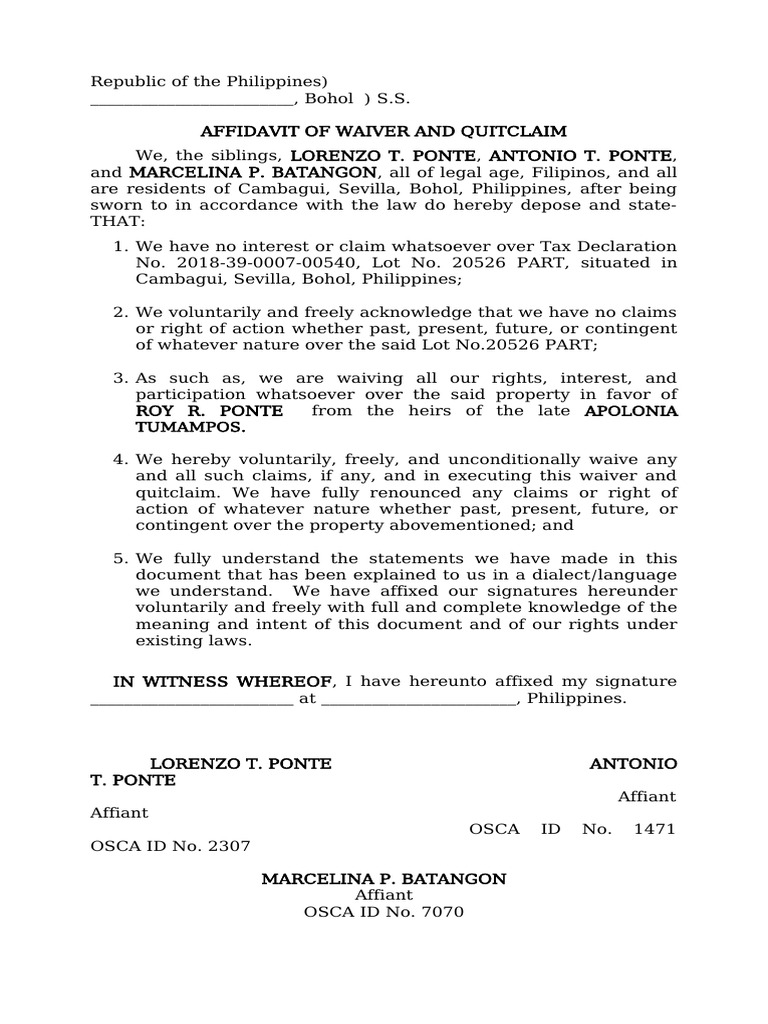 Affidavit of Waiver and Quitclaim | PDF
