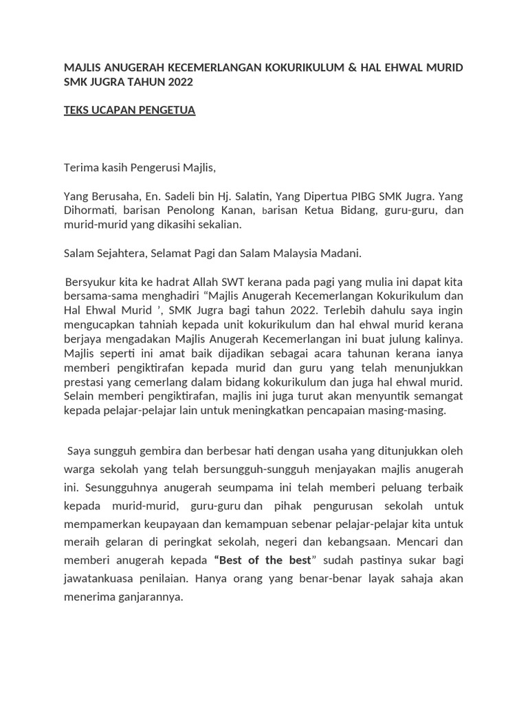 Anugerah Kecemerlangan SMK Jugra 2022 | PDF