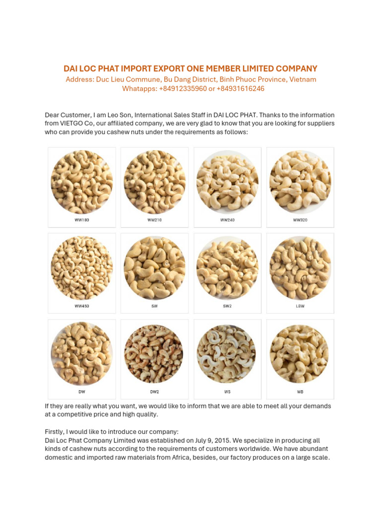 Cashew Nuts Supply from Dai Loc Phat | PDF