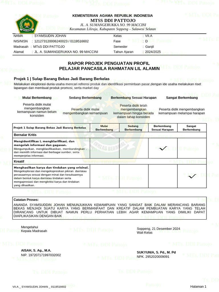 Rapor P5RA VII.A - SYAMSUDIN JOHAN - 0119516602 | PDF