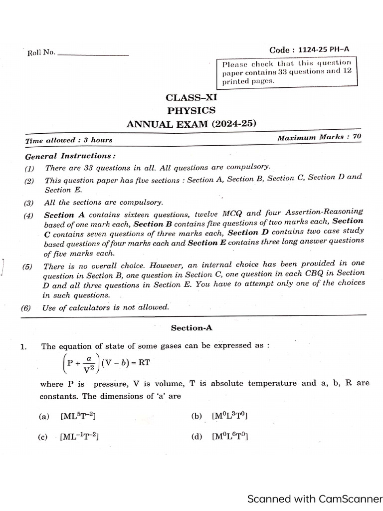 DAV Class 11th Physics Paper 2025 | PDF