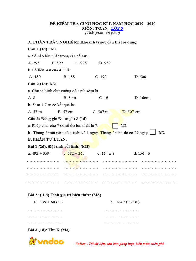 De Thi Toan Hoc Ki 1 - Lop 3 | PDF