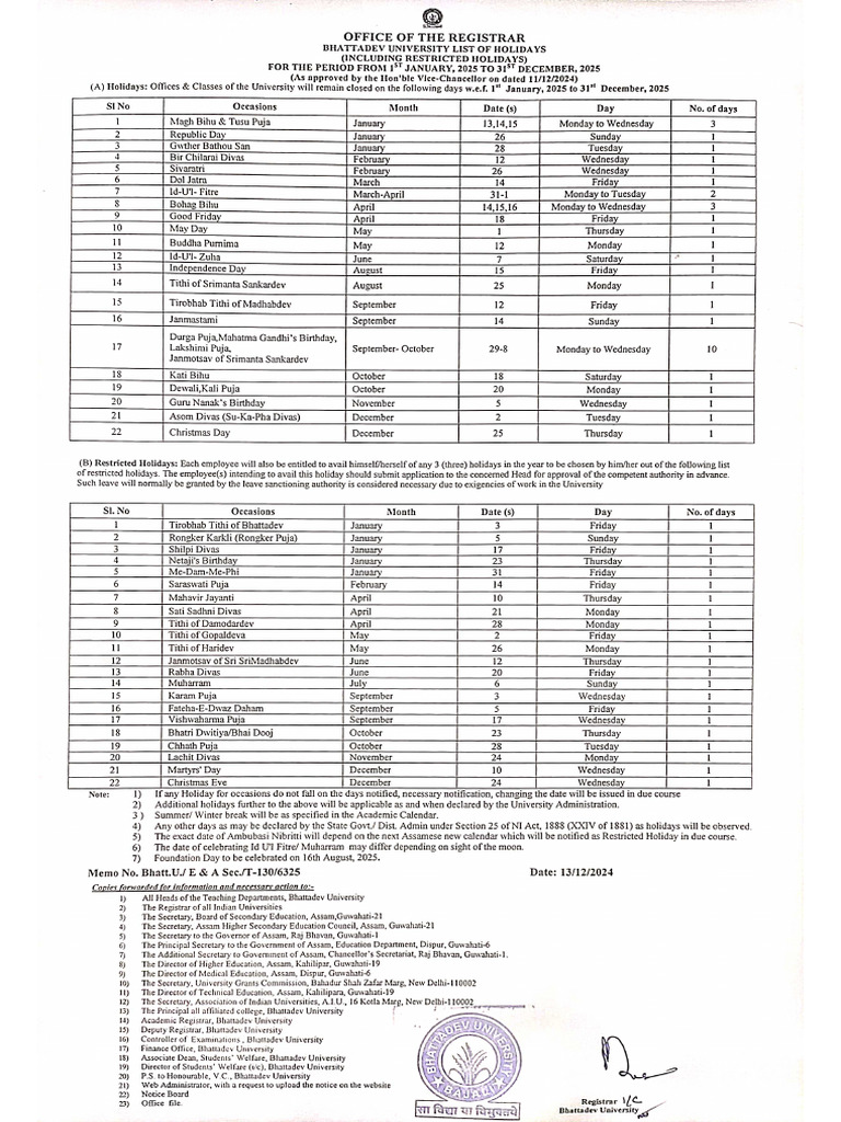 Holiday List Bu | PDF