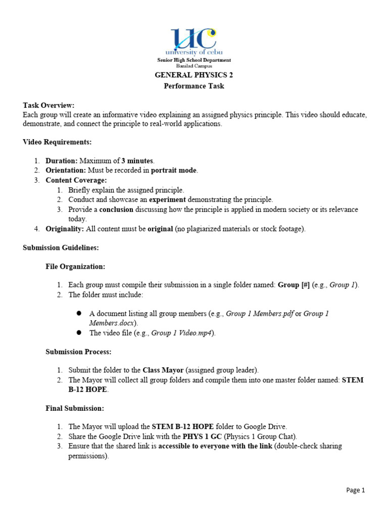 GP1 Performance Task 001 Guidelines | PDF