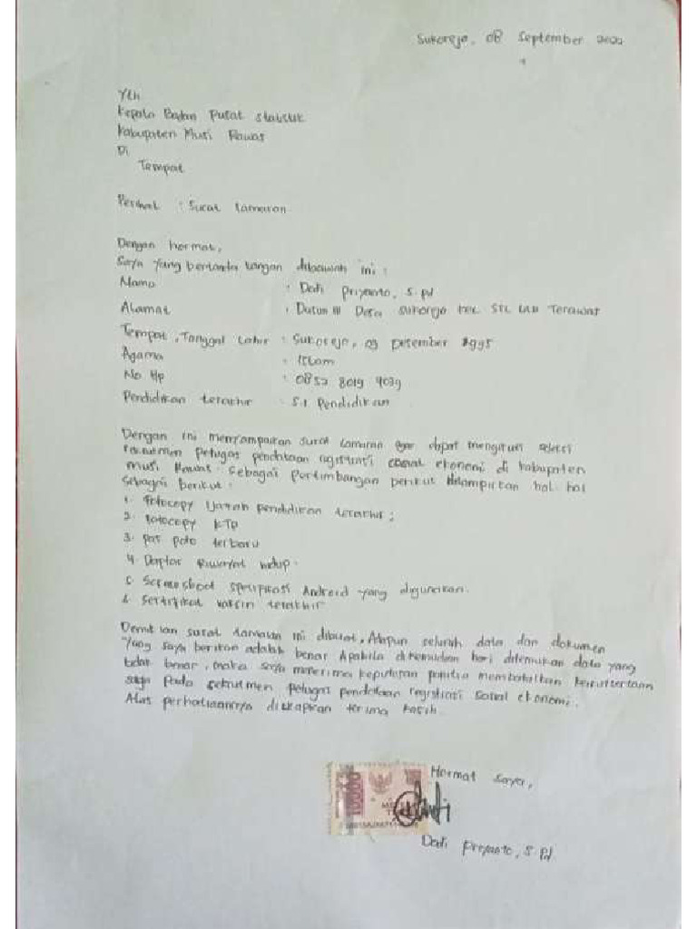 Surat Lamaran Regsosek | PDF