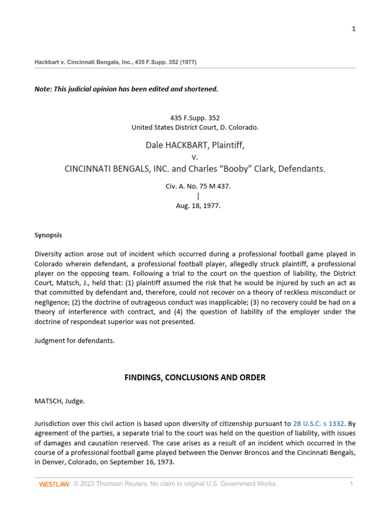 Hackbart V Cincinnati Bengals Trial Court | PDF | Tort | Legal Liability