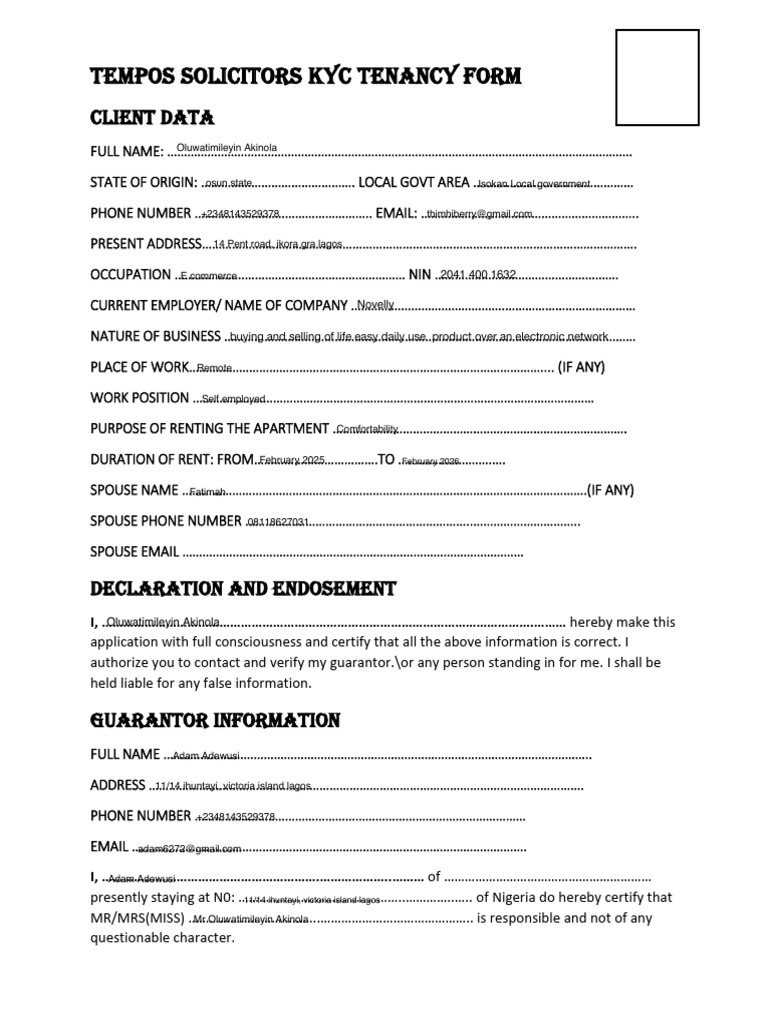KYC Tenancy Form for Tenants | PDF | Leasehold Estate | Private Law