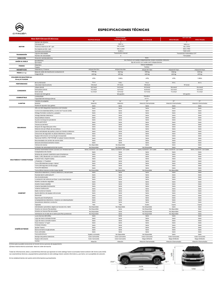 Ficha Técnica Citroën C3 Aircross | PDF | USB | Vehículo de motor