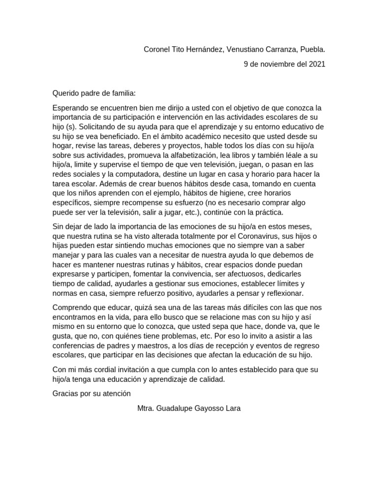 Carta para Los Padres | PDF
